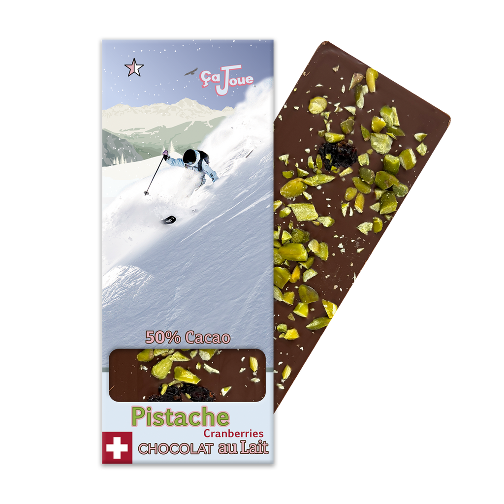 La Pow: Chocolat au Lait suisse 50% Cacao, Pistache, Cranberries (BLF8